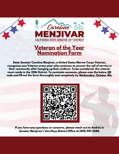 Nominate a Veteran of the Year! - Senator Caroline Menjivar